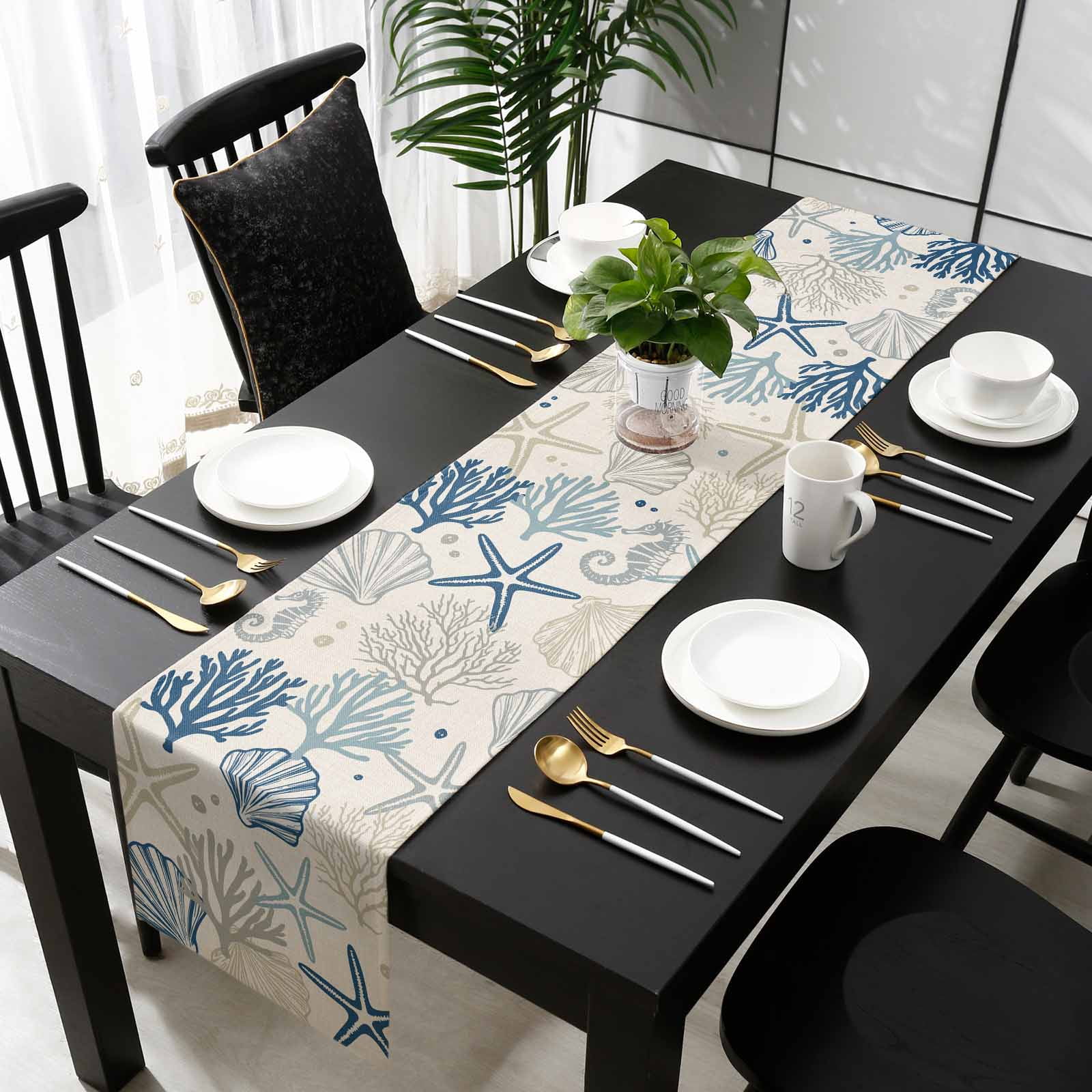 Blue Grey Coastal Cotton Linen Small Table Runner 13 x 60 inch Rustic ...