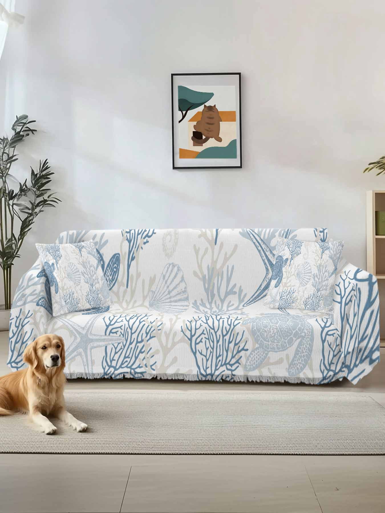 Blue Grey Coastal Couch Cover, Sea Turtle Nautical Coral Summer Beach ...