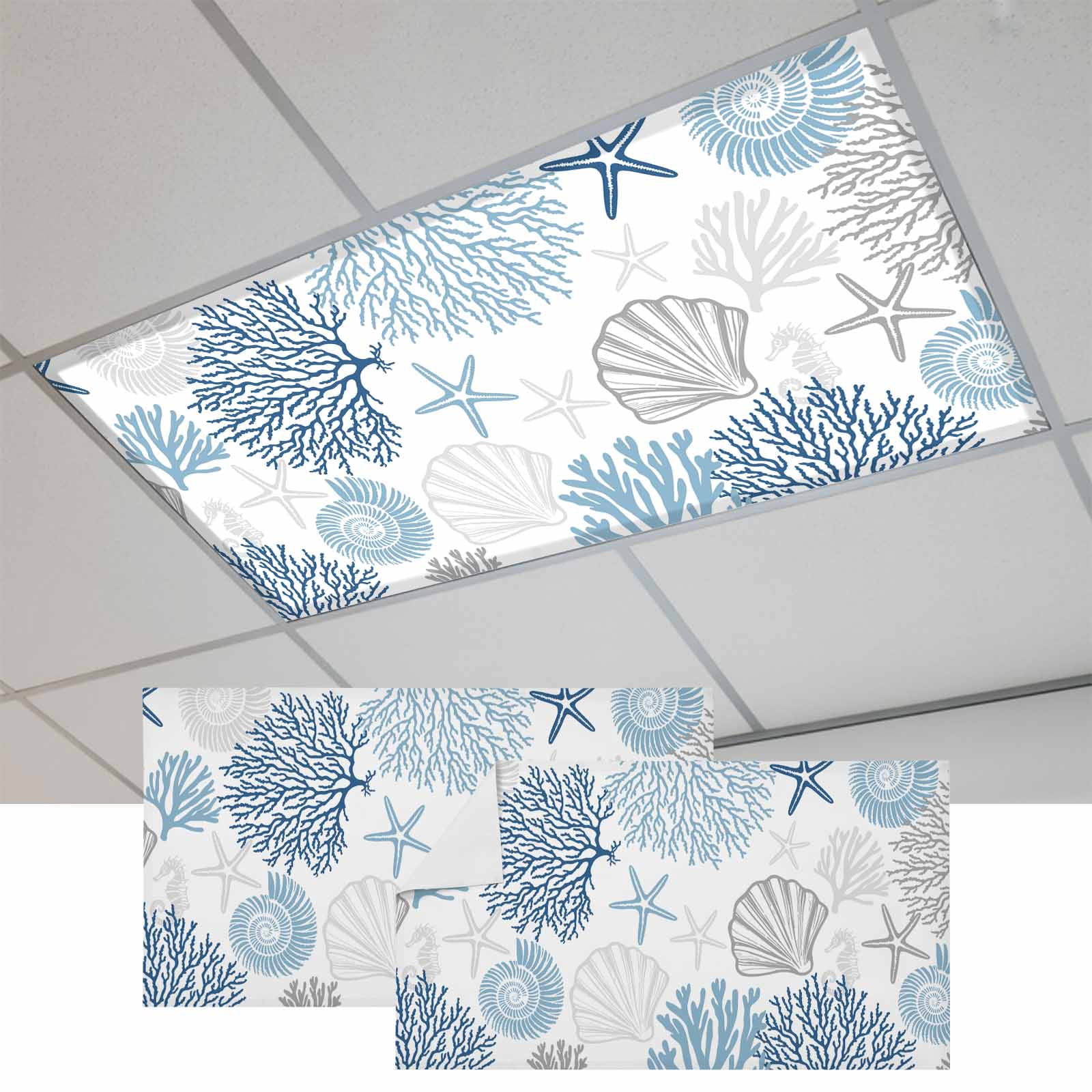 Blue Grey Coastal Fluorescent Light Covers, Summer Beach Coral Shell ...