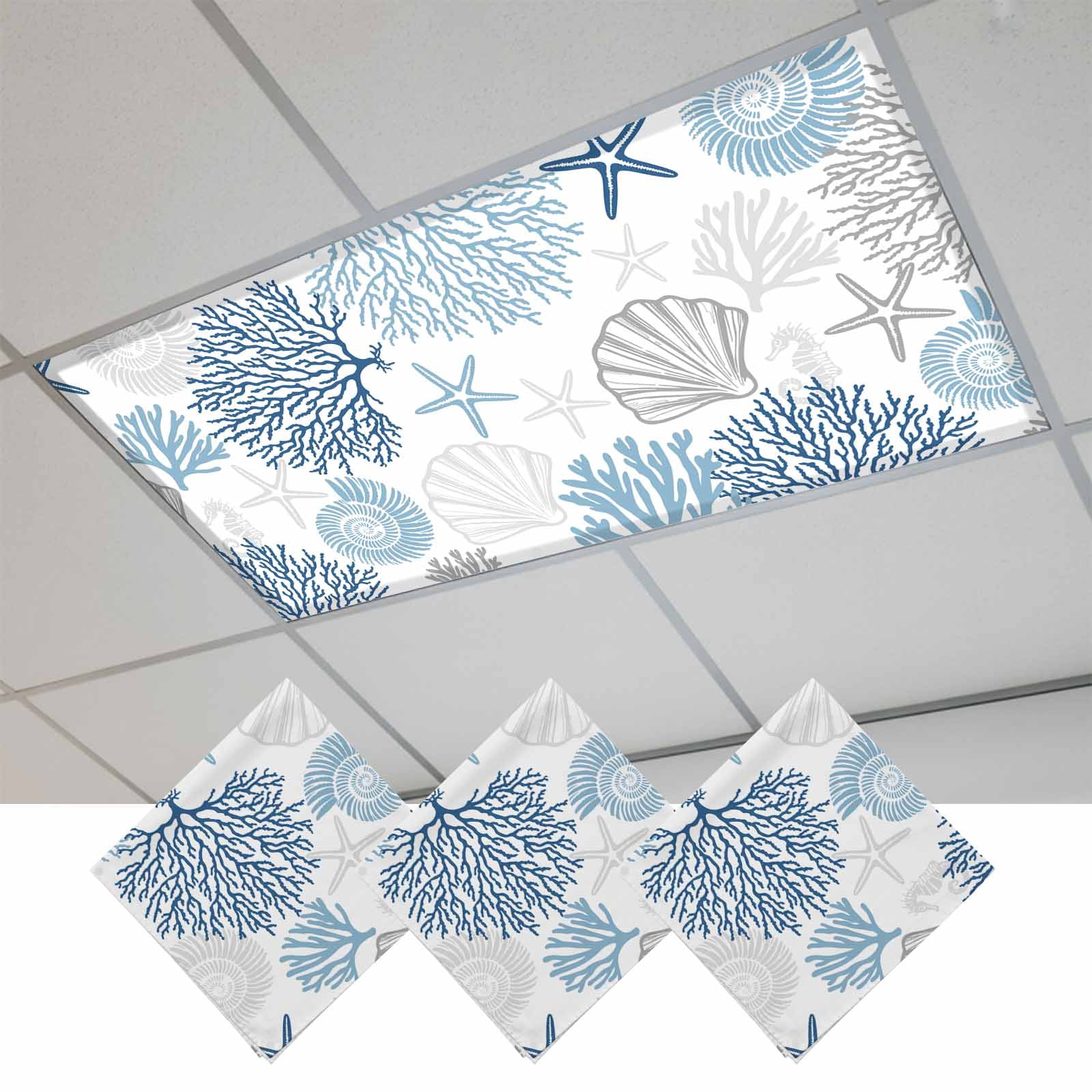 Blue Grey Coastal Fluorescent Light Covers, Summer Beach Coral Shell ...
