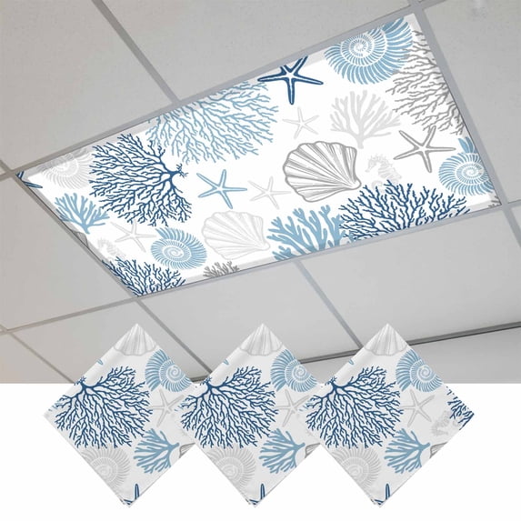 Blue Grey Coastal Fluorescent Light Covers, Summer Beach Coral Shell ...