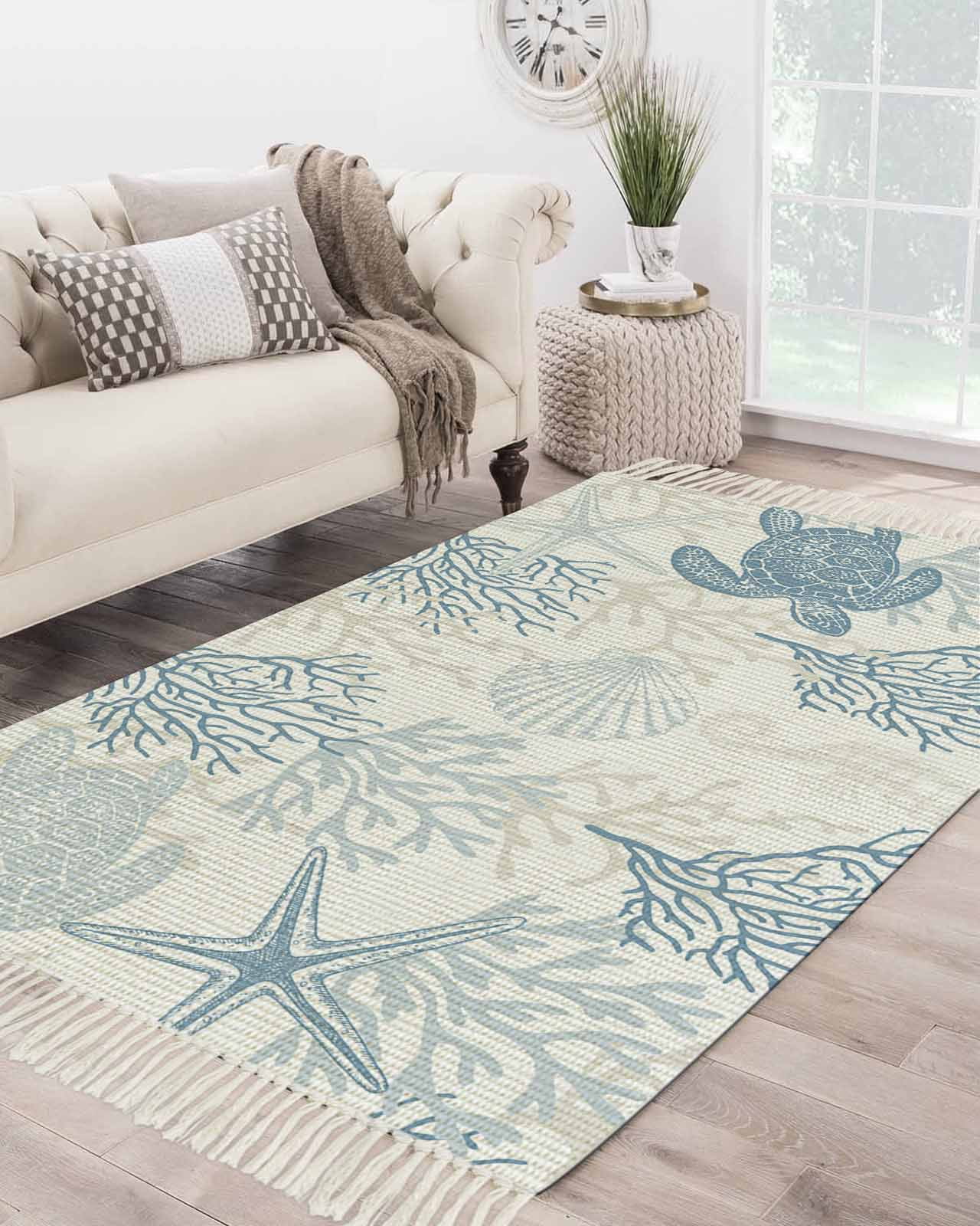 Blue Grey Coastal Large Area Rug 4x6ft Woven Runner Rug,Sea Turtle ...