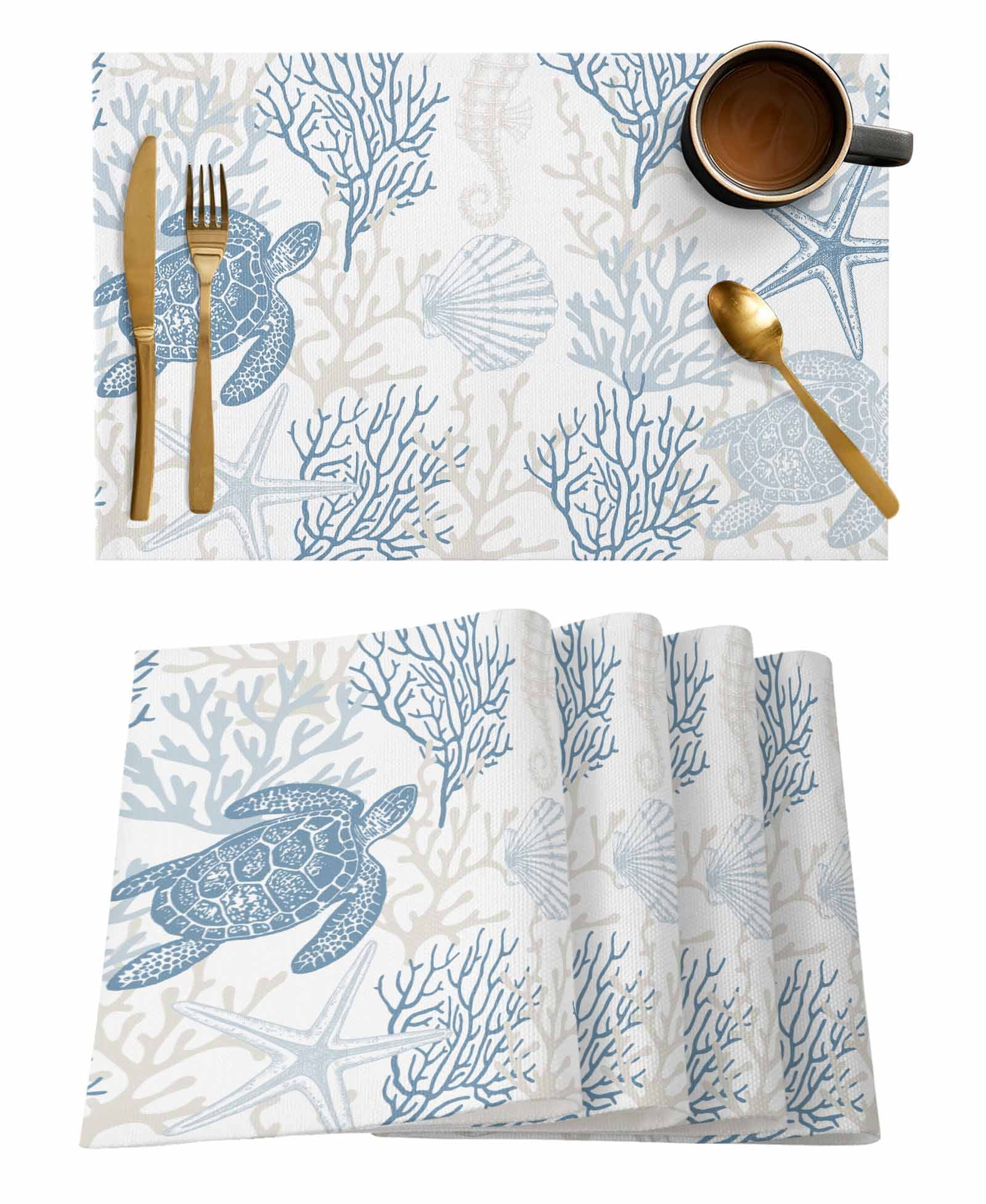 Blue Grey Coastal Placemats Set of 6, Sea Turtle Nautical Coral Summer ...