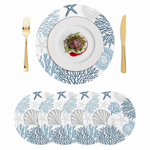 Blue Grey Coastal Round Placemats Set of 4, Braided Polypropylene Place ...