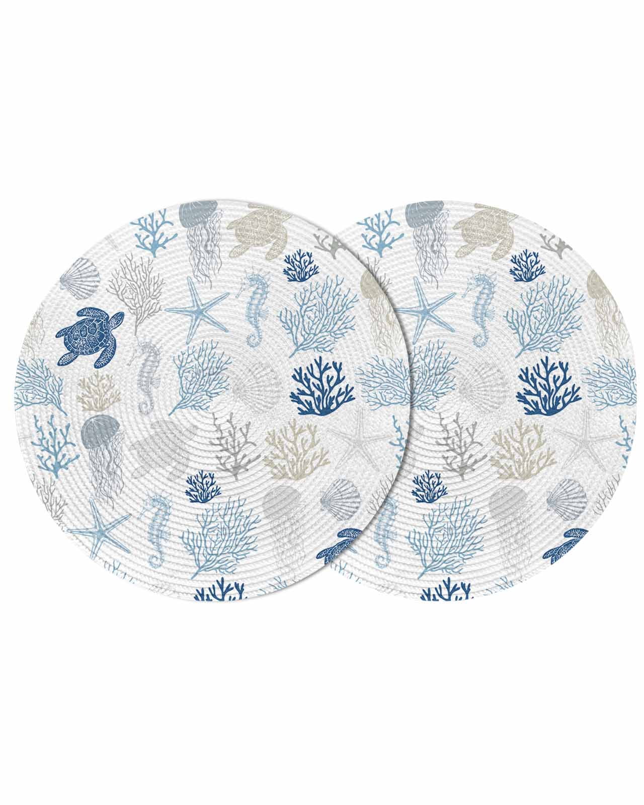Blue Grey Coastal Round Table Placemats set of 2, Ocean Animals Pattern ...