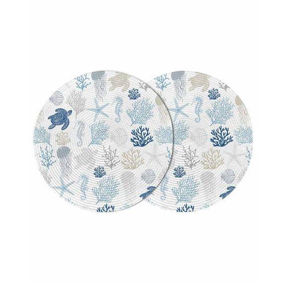 Blue Grey Coastal Round Table Placemats set of 2, Ocean Animals Pattern ...