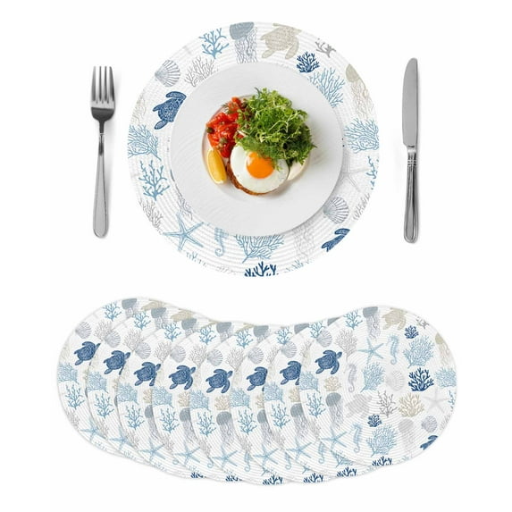 Blue Grey Coastal Round Table Placemats set of 8, Ocean Animals Pattern ...