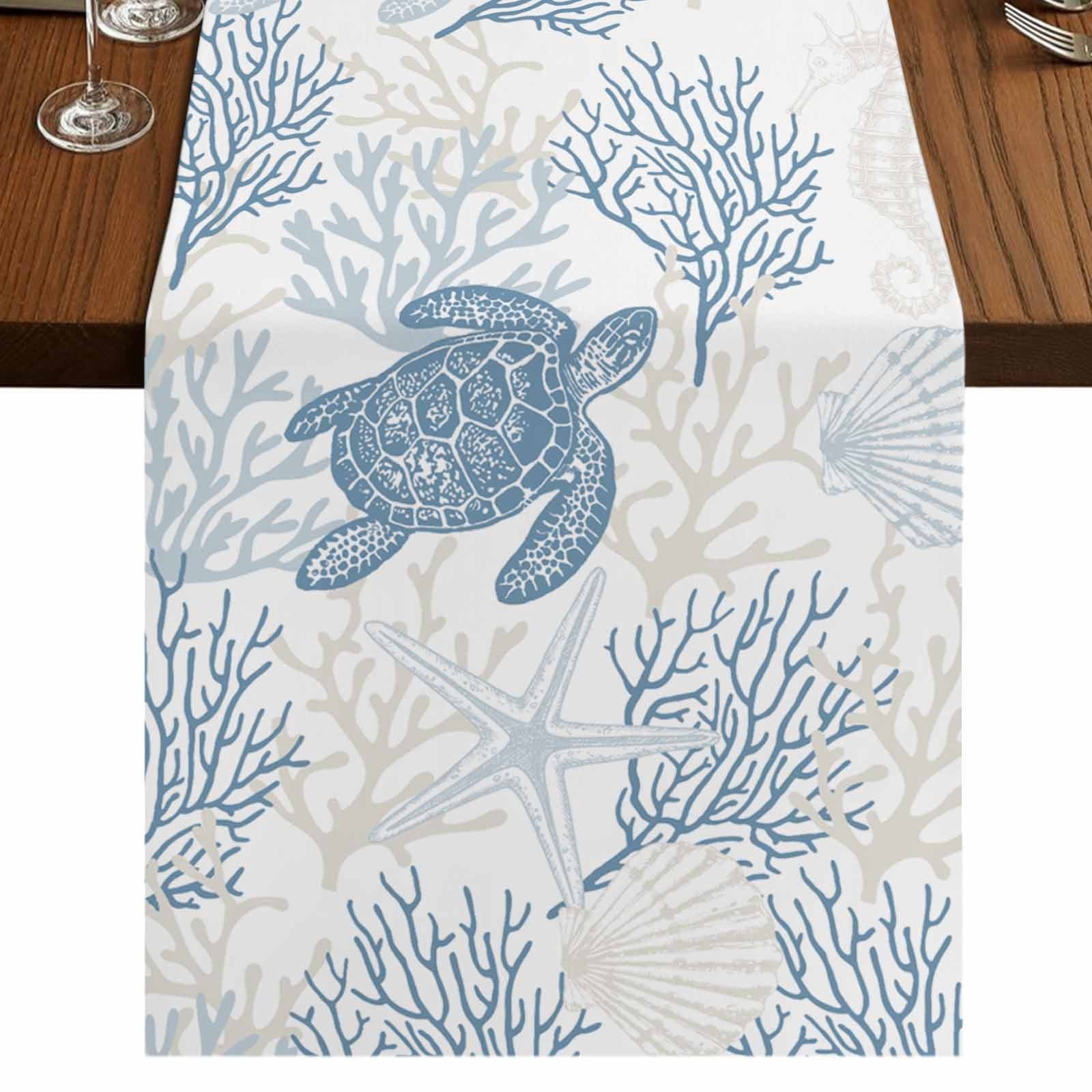 Blue Grey Coastal Short Table Runner 60 Inches Long,Sea Turtle Nautical ...