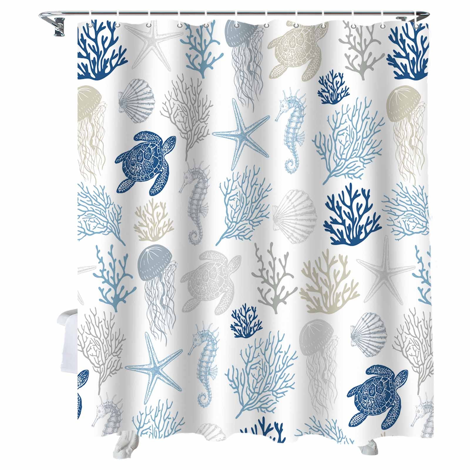 Blue Grey Coastal Shower Curtain, Ocean Animals Pattern Shower Curtains ...