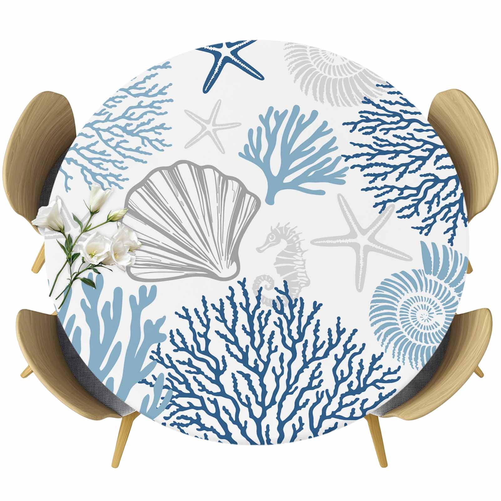 Blue Grey Coastal Table Cloth, Round Fitted Tablecloths with Elastic ...