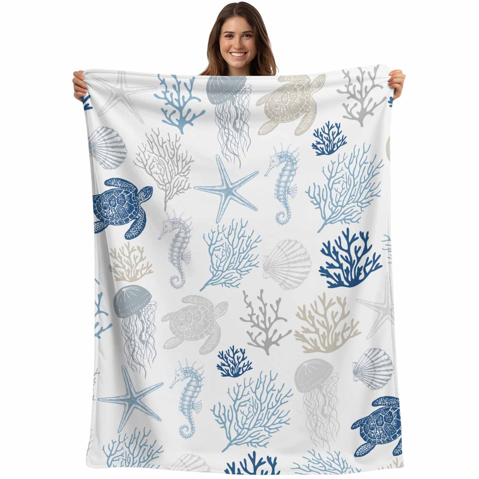 Blue Grey Coastal Throw Blankets, Ocean Animals Pattern Soft Fleece ...