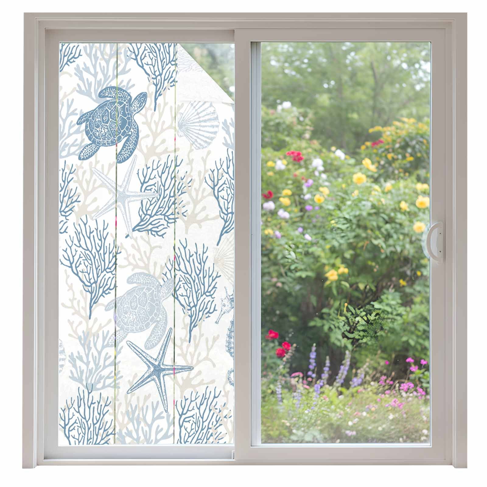 Blue Grey Coastal Window Privacy Film, Sea Turtle Nautical Coral Summer ...