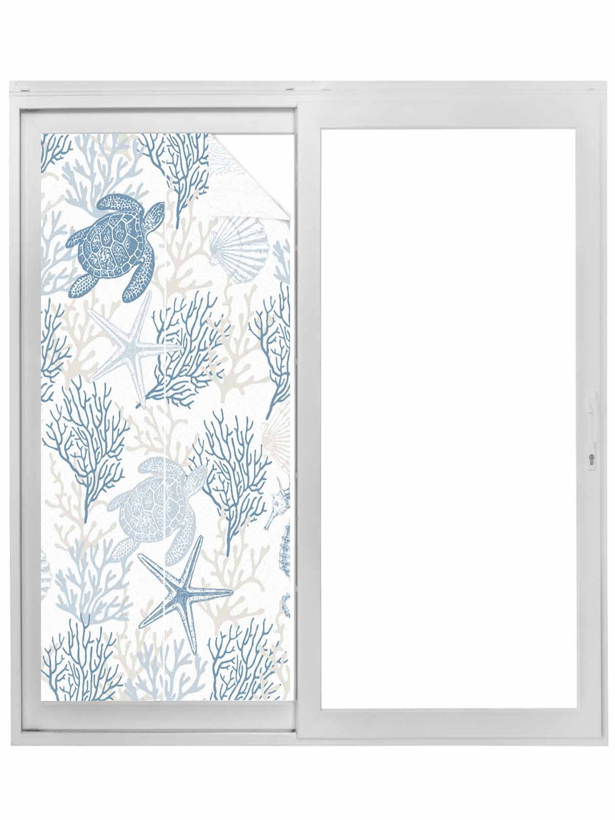 Blue Grey Coastal Window Privacy Film, Sea Turtle Nautical Coral Summer ...