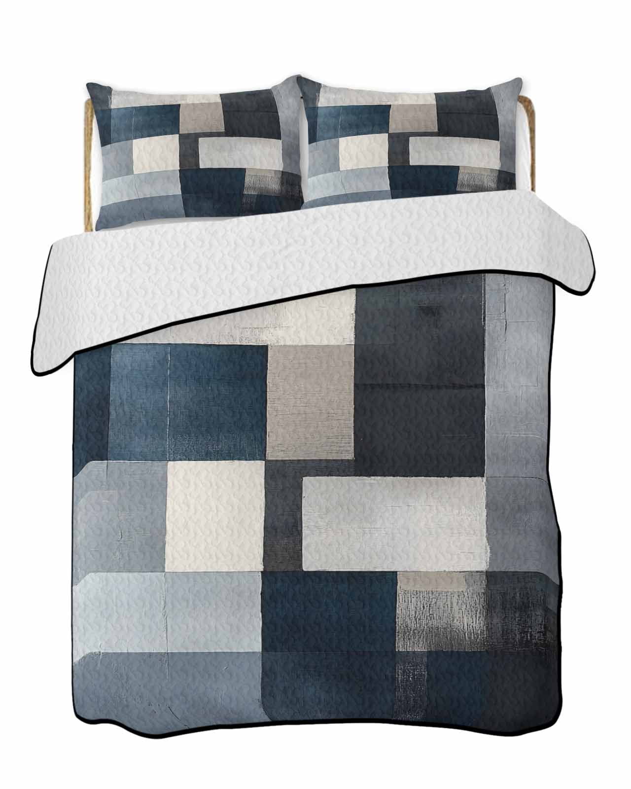 Blue Grey Color Block Quilts Bedding Set California King Abstract ...