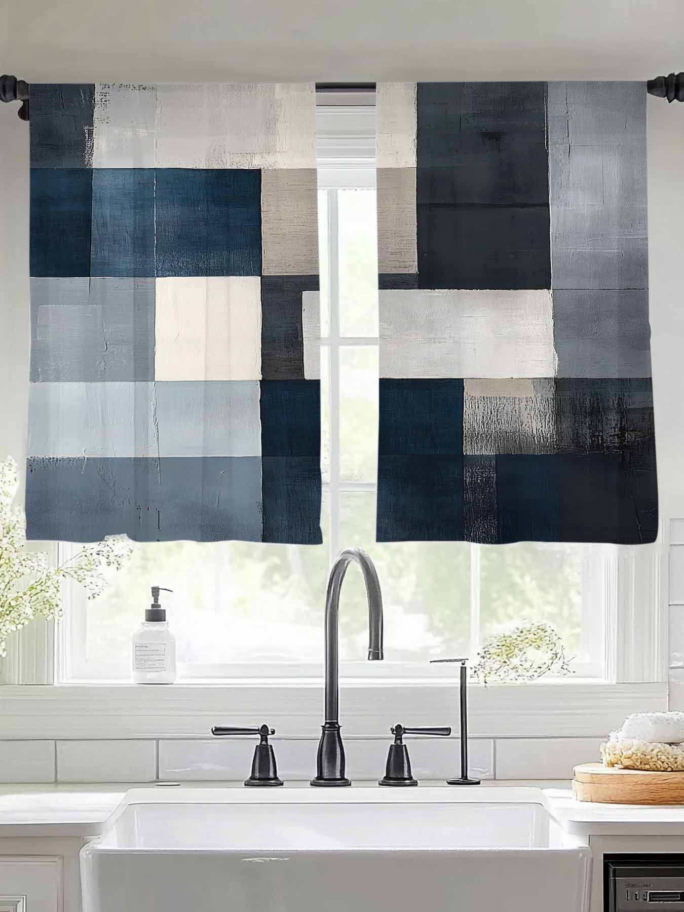 Blue Grey Color Block Sheer Curtains 54 Inches Long 2 Panels Abstract ...