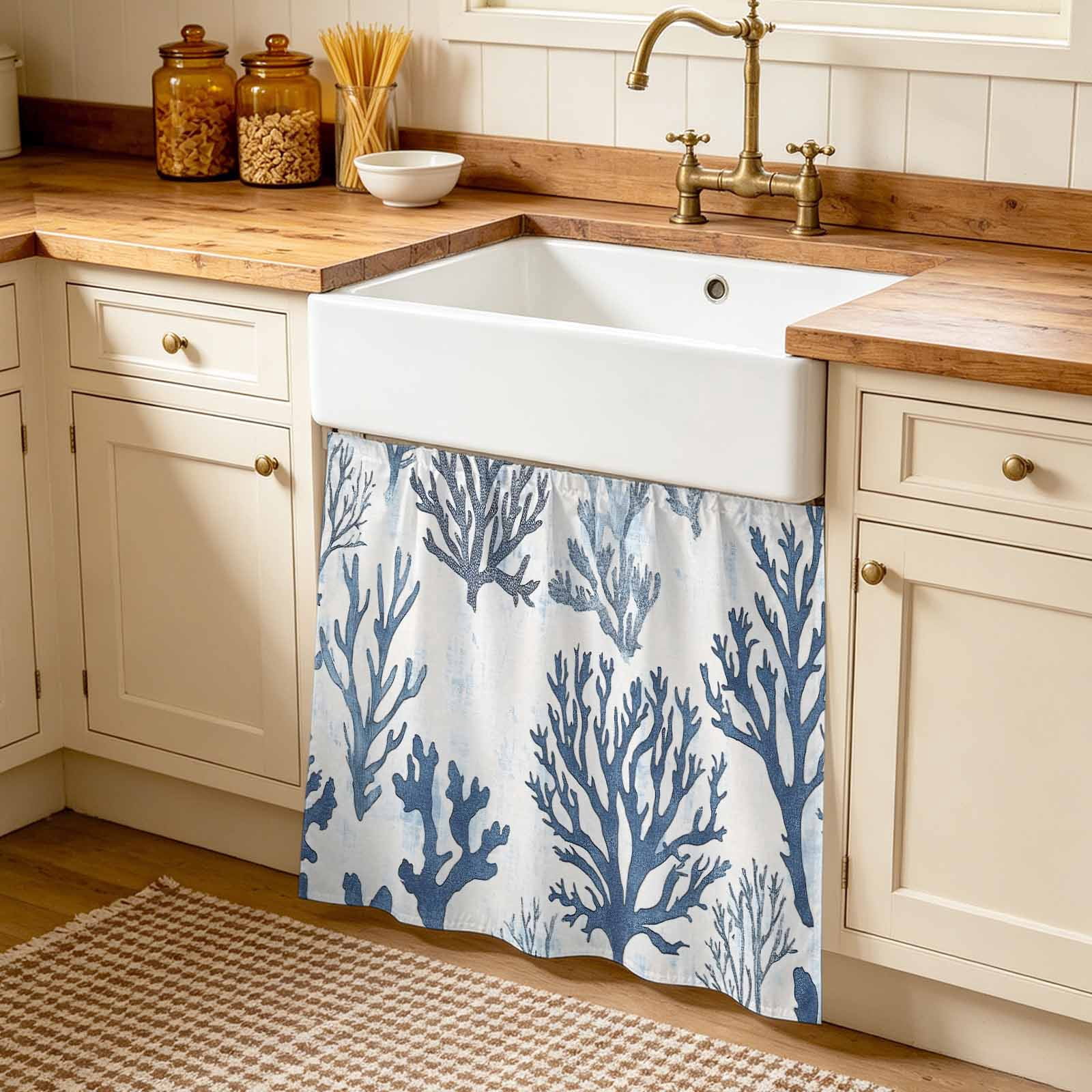 Blue Grey Coral Cabinet Curtains 35"W x 35"L, Coastal Watercolor Ocean ...