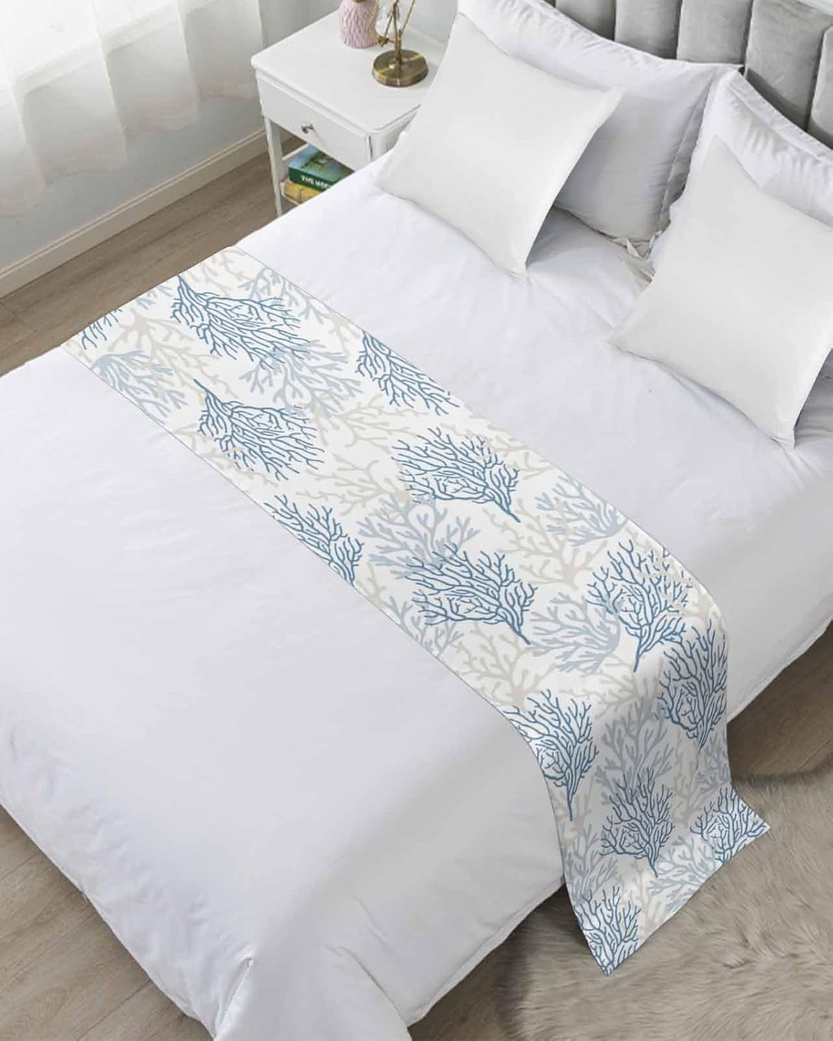 Blue Grey Coral Coastal Bed Runner for King Size Bed, Bedspread Protector Slipcover Bed Scarf ...