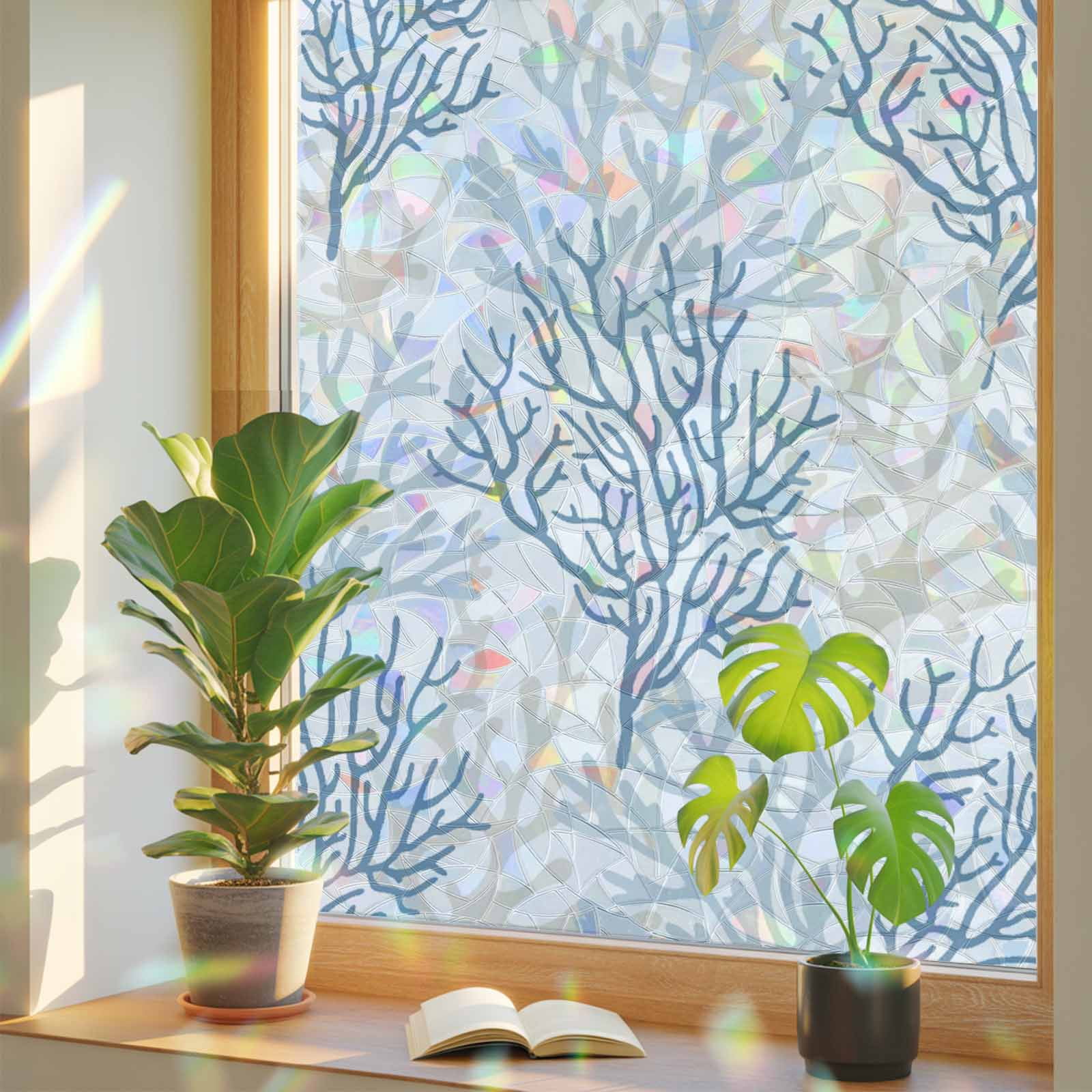 Blue Grey Coral Coastal Privacy Window Film, Decorative Stained Glass ...