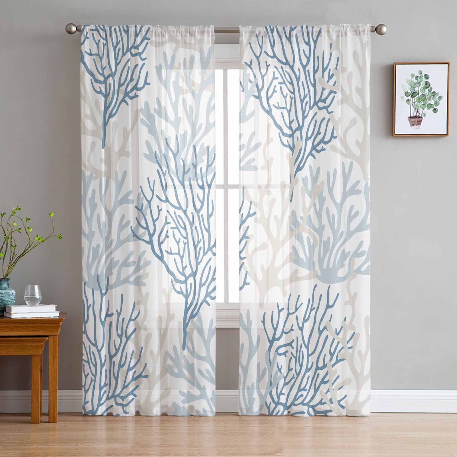 Blue Grey Coral Coastal Sheer Curtains 96 Inch Length 2 Panels Set for ...