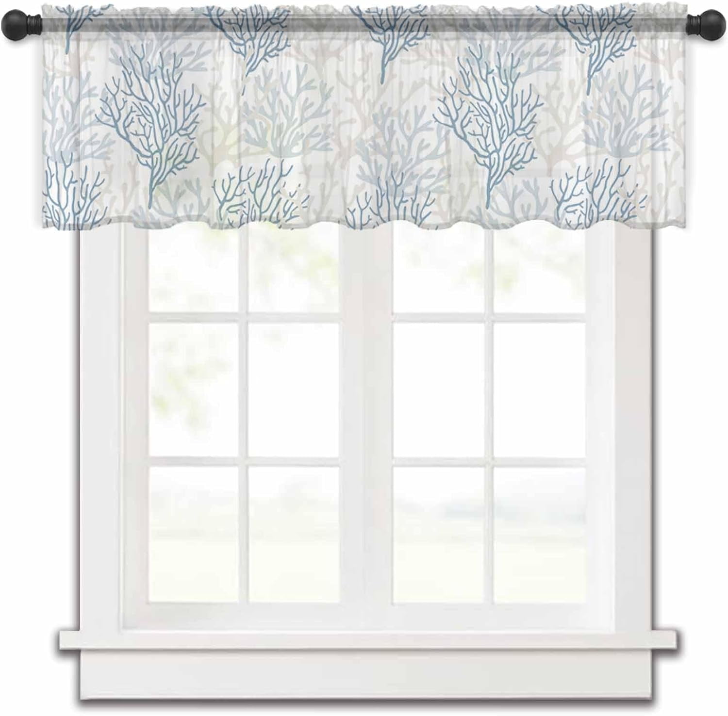 Blue Grey Coral Coastal Sheer Valance, Summer Beach Light Filtering ...