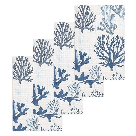 Blue Grey Coral Kitchen Dish Towels for Drying Dishes Set of 4, Coastal ...