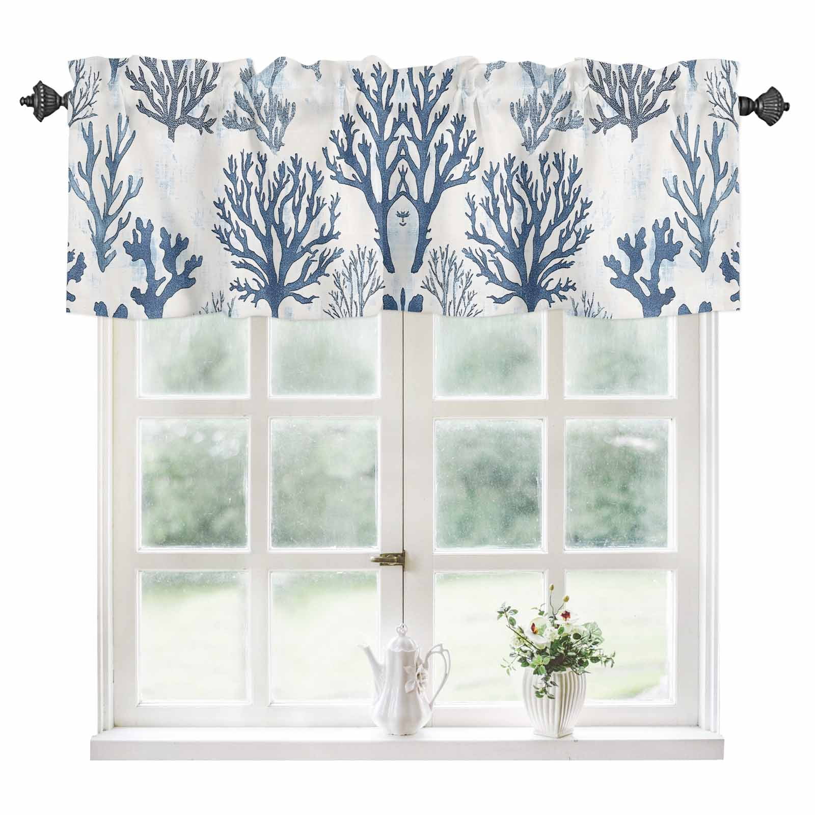 Blue Grey Coral Kitchen Valances for Windows 42x12 Inch Kitchen ...