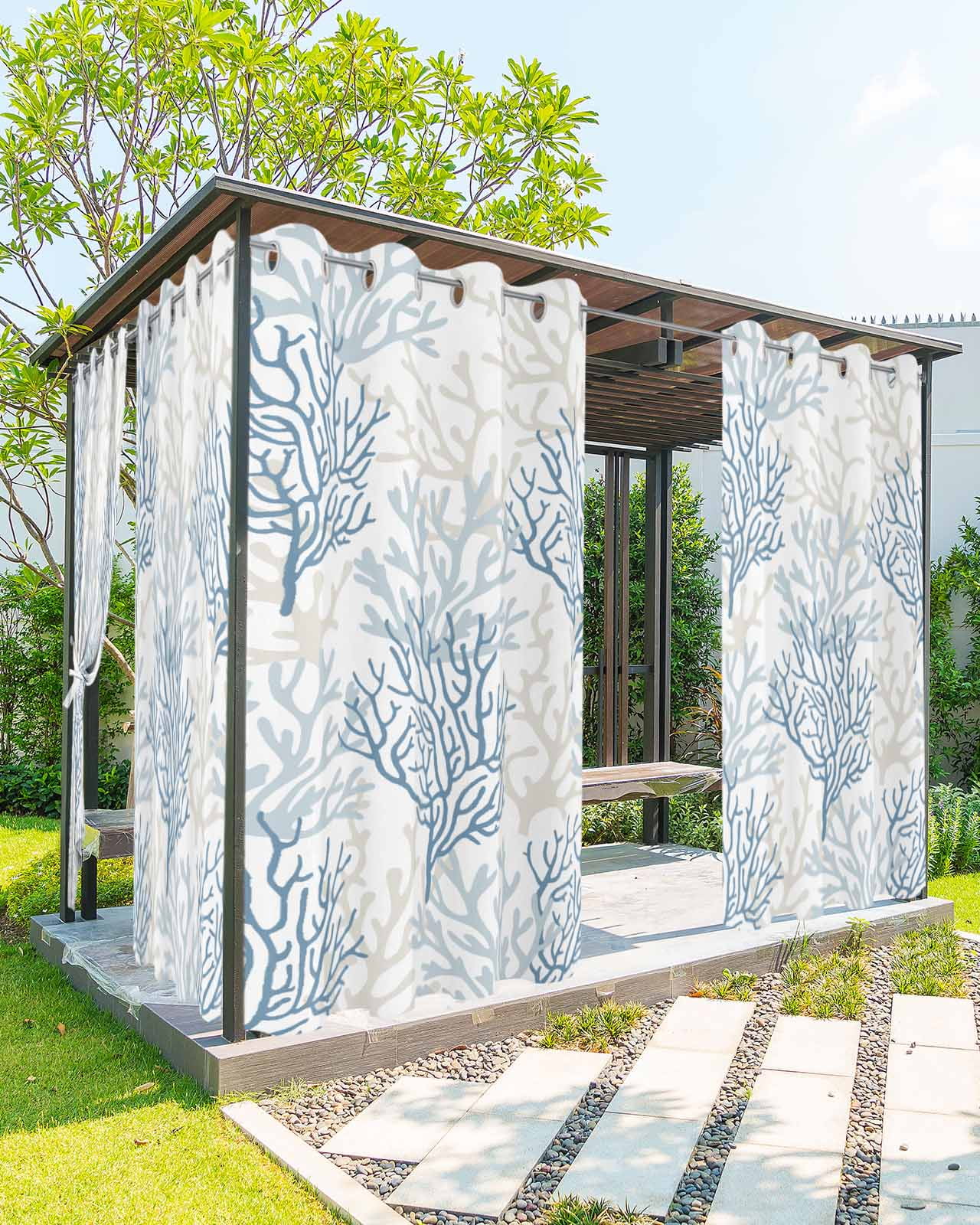Blue Grey Coral Outdoor Curtains for Patio Waterproof,Coastal Beach ...
