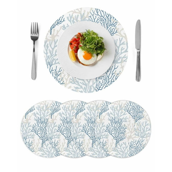 Blue Grey Coral Pattern Round Table Placemats set of 4, Tropical Ocean ...
