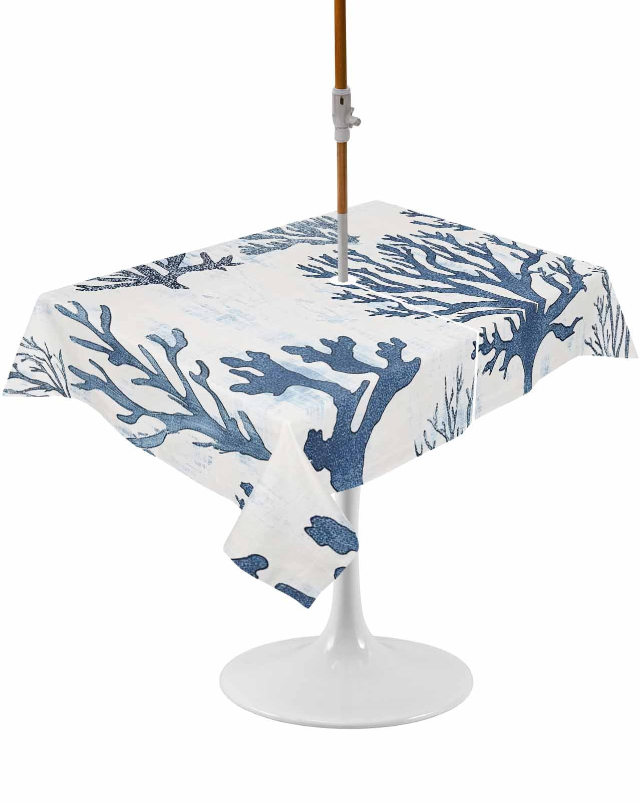 Blue Grey Coral Rectangle Outdoor Tablecloth, Waterproof Table Cloth ...
