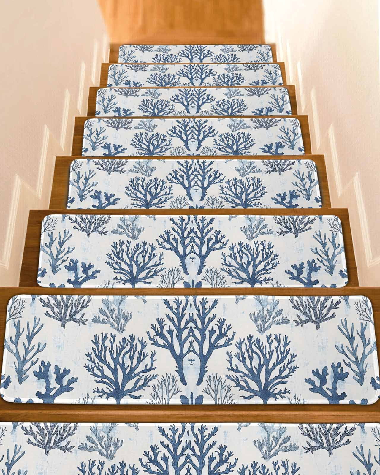 Blue Grey Coral Stair Treads for Wooden Steps Indoor Runner Rug Carpet ...