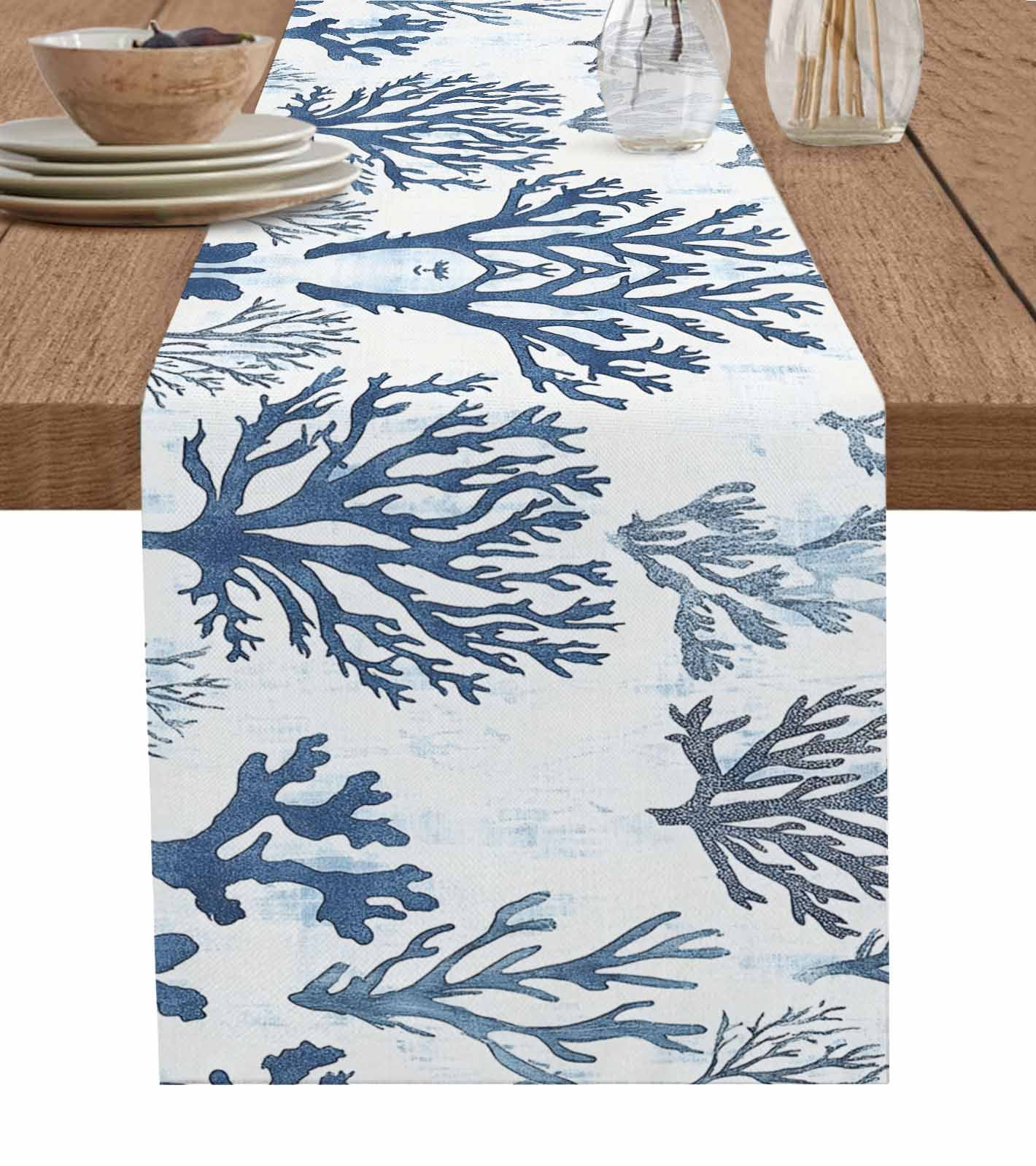 Blue Grey Coral Table Runner 72 Inches, Coastal Watercolor Ocean Bed ...