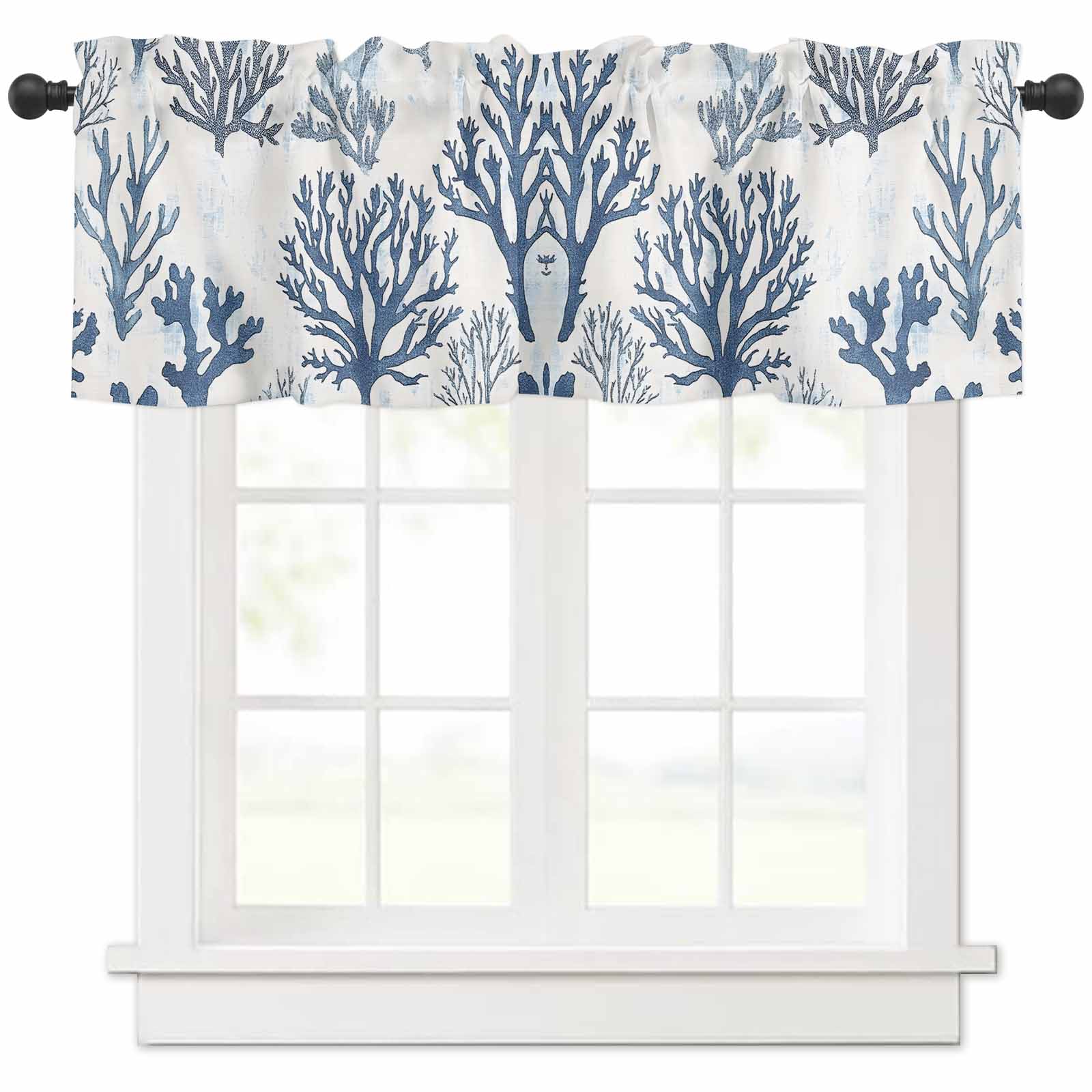 Blue Grey Coral Valances for Windows Farmhouse Kitchen Curtains ...