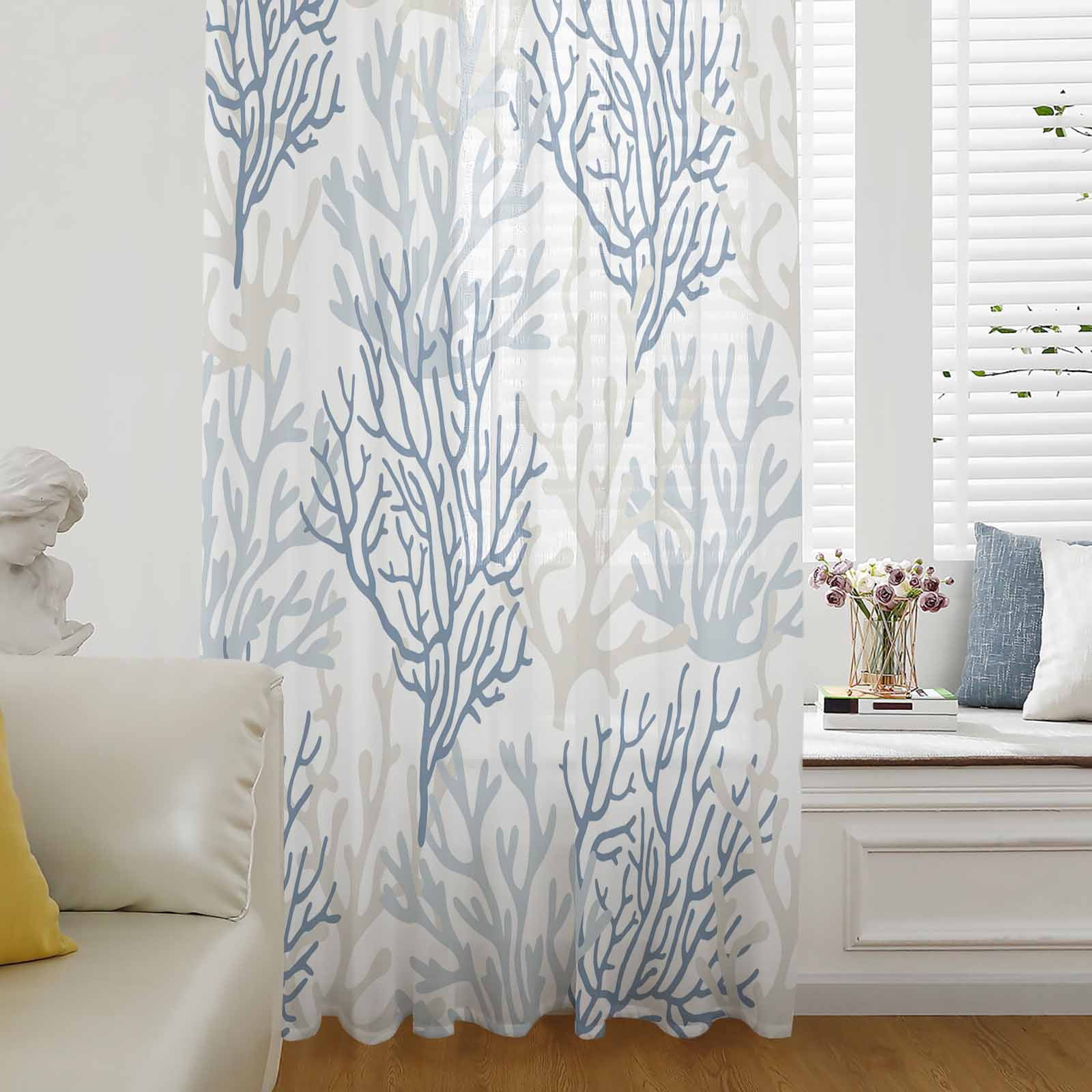 Blue Grey Coral Window Curtain 72 Inches Long,Coastal Beach Ocean ...