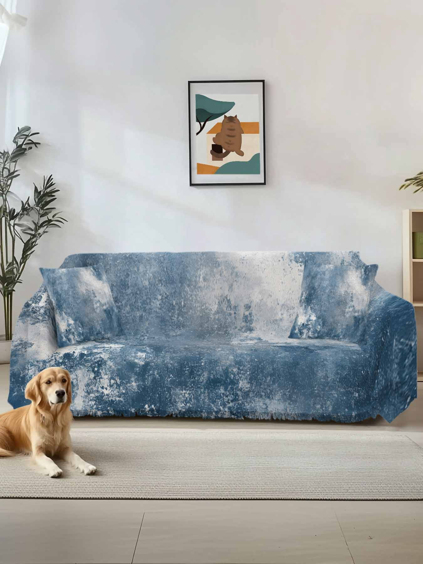 Blue Grey Couch Cover for 2 Cushion Sofa, Oil Painting Modern Abstract ...