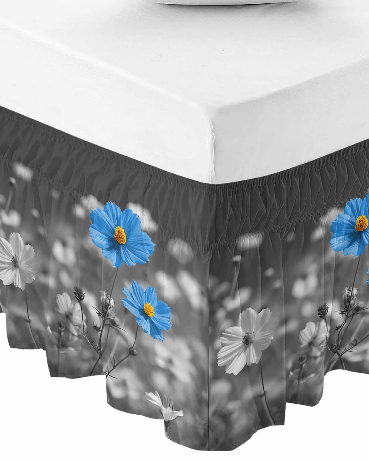 Blue Grey Daisy Bed Skirt Queen Size 16 Inch Drop, Wrap Around Bed ...
