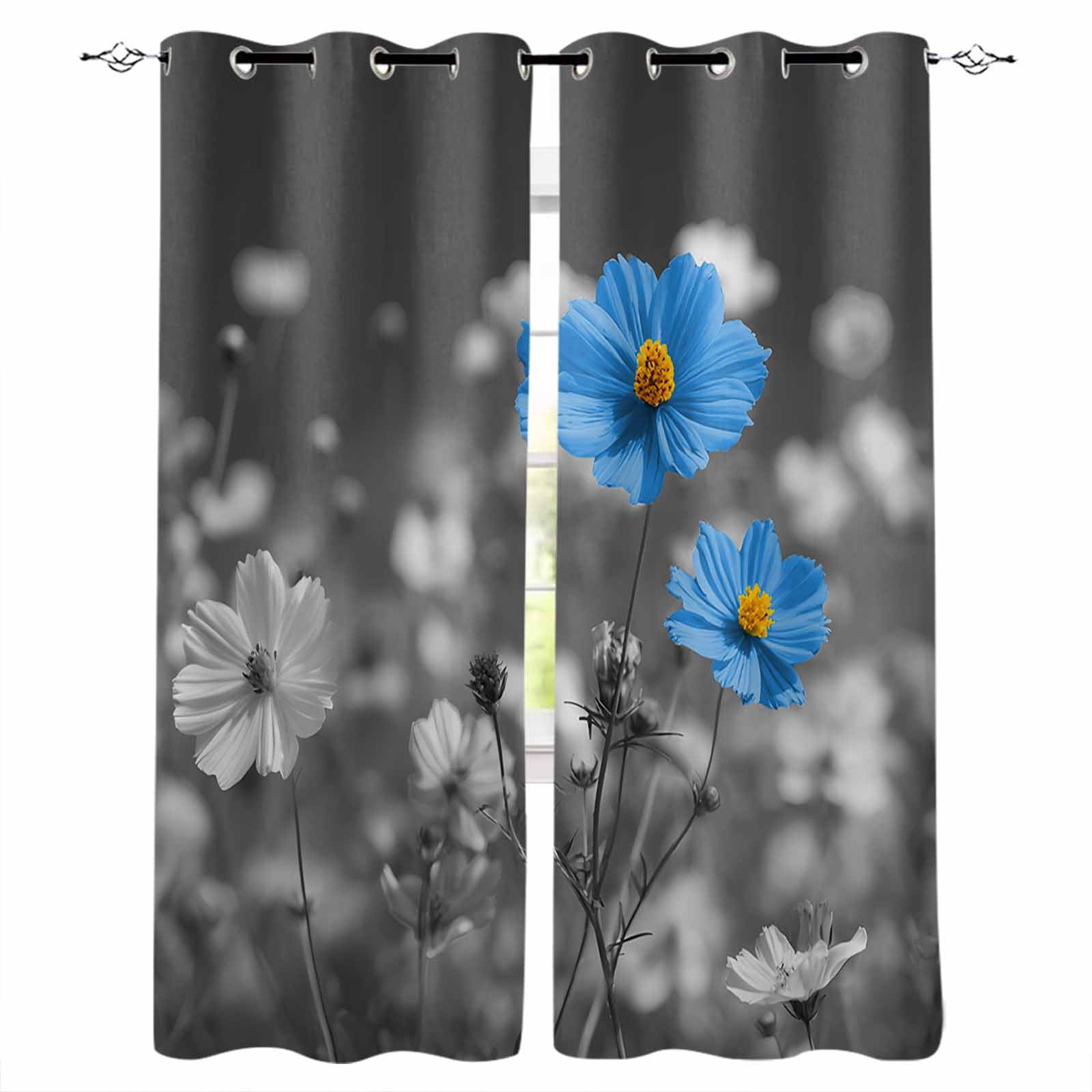 Blue Grey Daisy Blackout Curtains for Bedroom Living Room Darkening ...