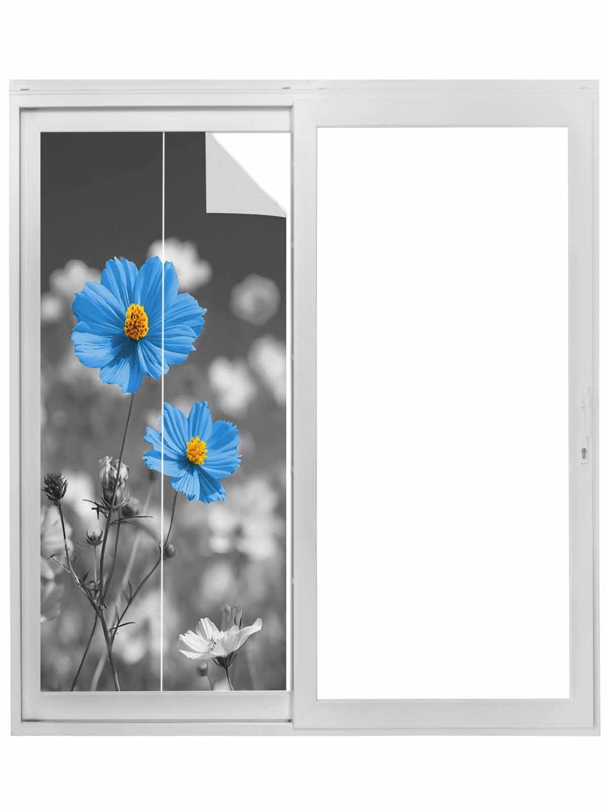 Blue Grey Daisy Window Privacy Film, Farmhouse Flowers Abstract Country ...