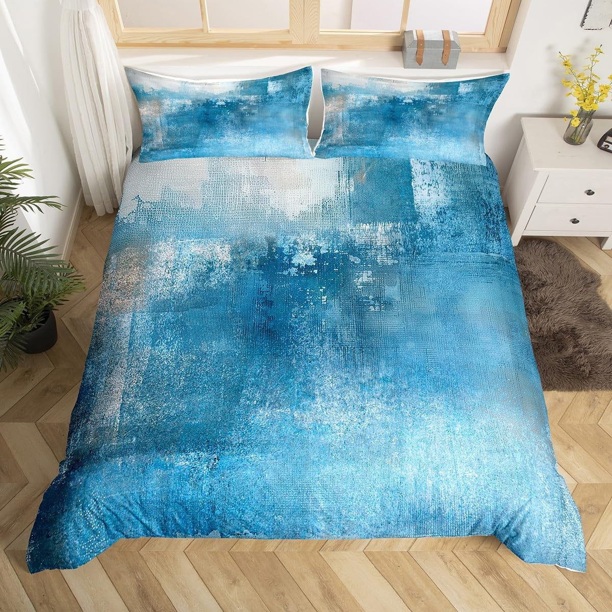 Blue Grey Duvet Cover, Grunge Ombre Bedding Set for Kids Teens Adult ...