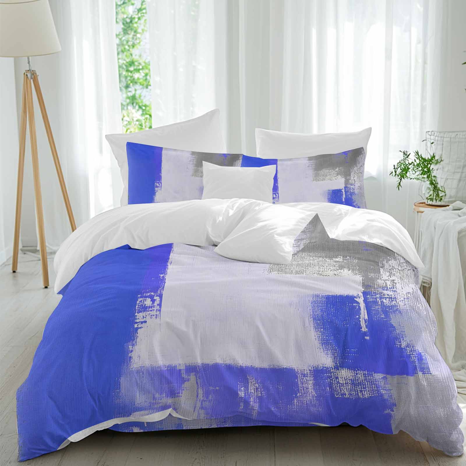 Blue Grey Duvet Cover Set Queen Size, Graffiti Art Abstract Geometric ...