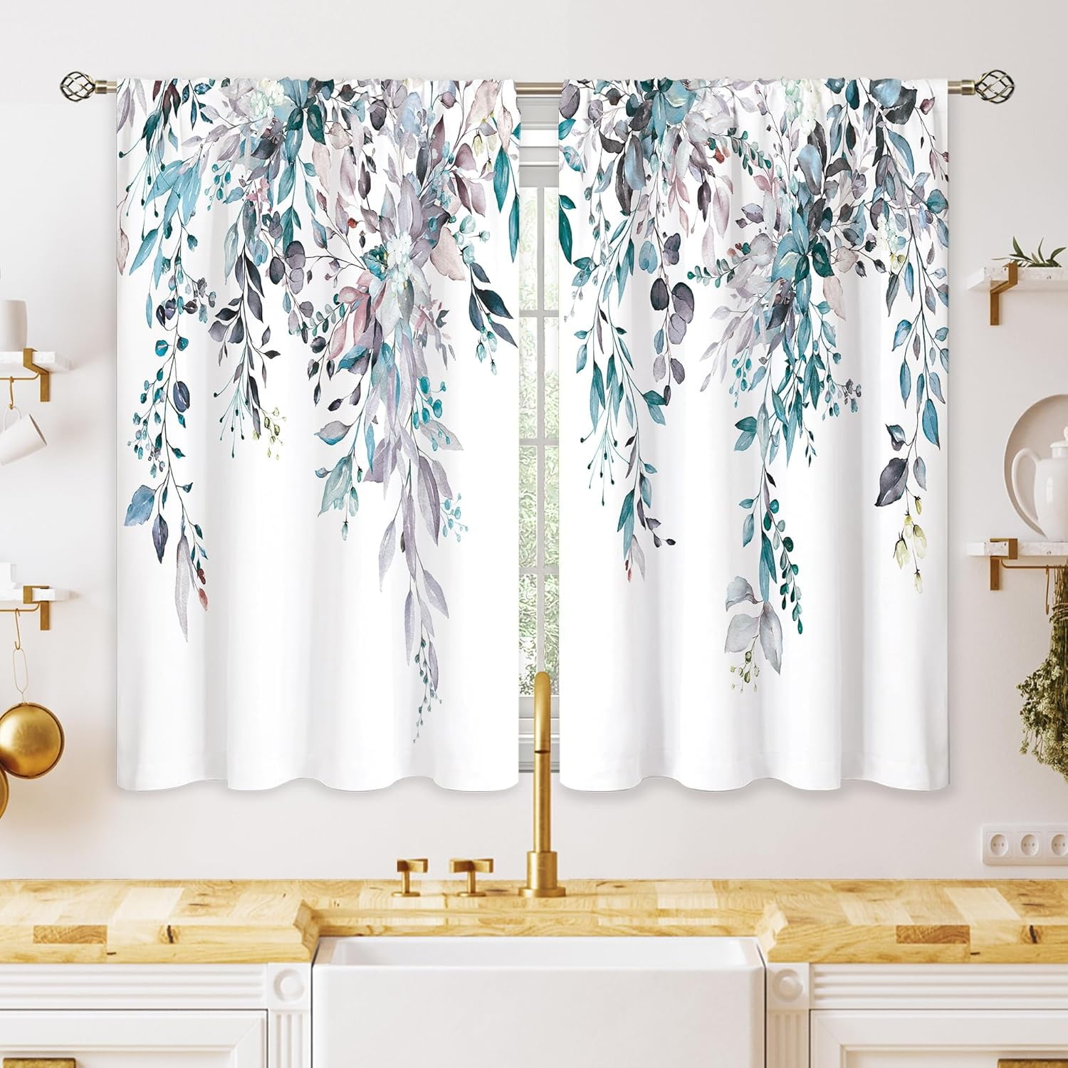 Blue Grey Eucalyptus Botanical Leaves Floral Kitchen Window Curtains ...