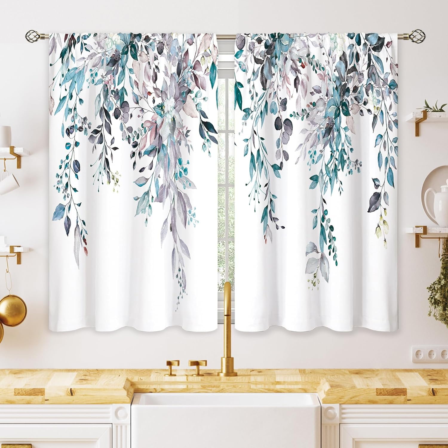 Blue Grey Eucalyptus Botanical Leaves Floral Kitchen Window Curtains ...