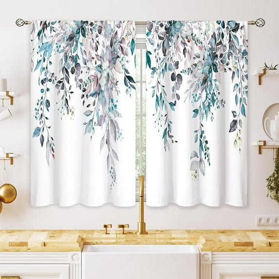 Blue Grey Eucalyptus Botanical Leaves Floral Kitchen Window Curtains ...