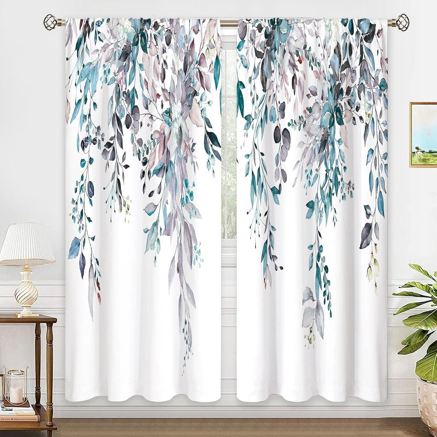 Blue Grey Eucalyptus Botanical Leaves Floral Window Curtains Watercolor ...