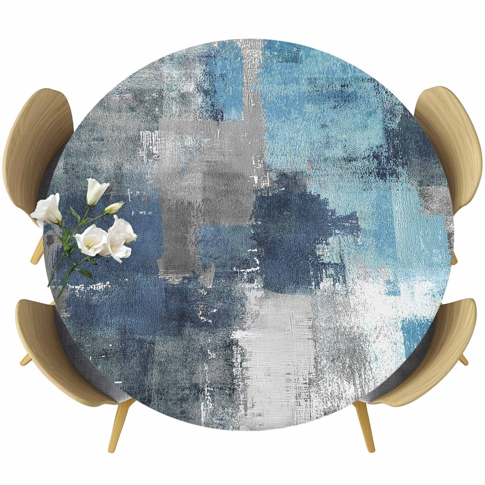 Blue Grey Fitted Tablecloth with Elastic Edged, Round Table Cloth for ...