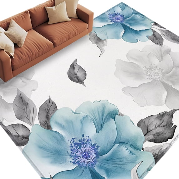Blue Grey Floral Area Rug 8x10 Washable Rug Non Slip Botanical Leaves ...