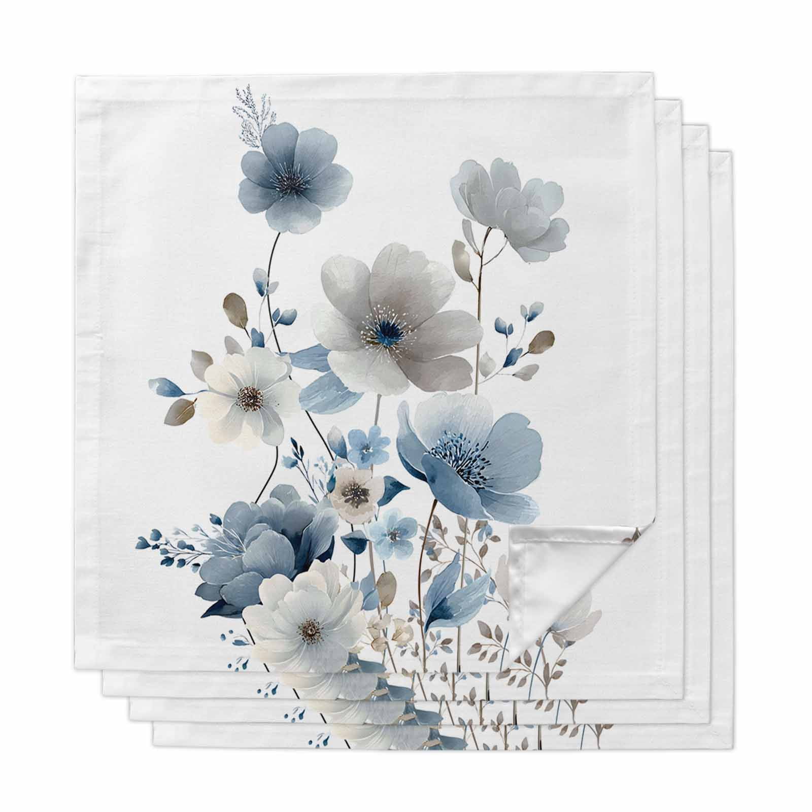 Blue Grey Floral Cloth Napkins, Watercolor Flowers Farmhouse Washable ...