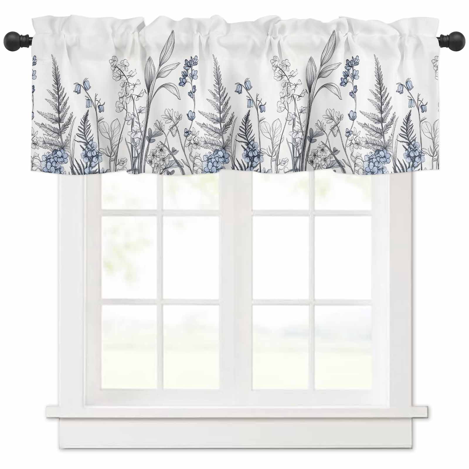 Blue Grey Floral Leaves Valances for Windows Farmhouse Kitchen Curtains ...