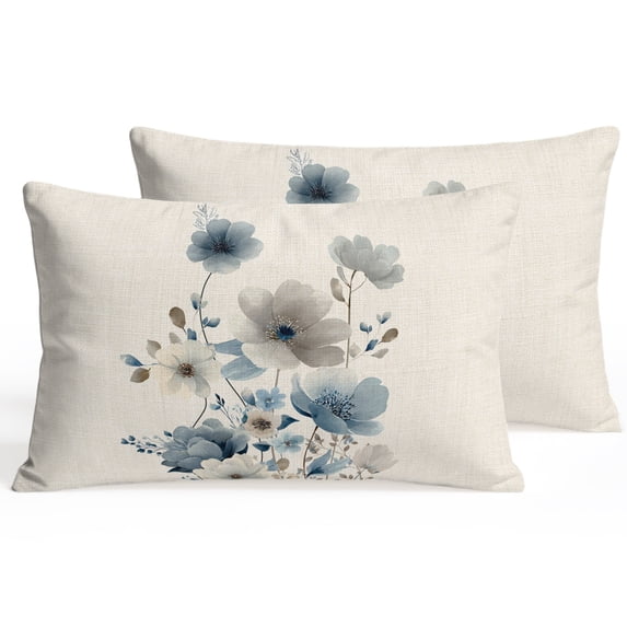 Blue Grey Floral Lumbar Pillow Covers 12 x 20 Inch Pillow Covers Set of ...