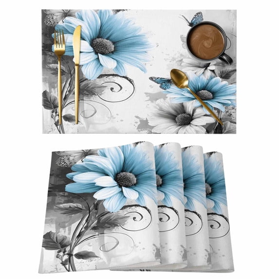 Blue Grey Floral Placemats Set of 4 Watercolor Chic Garden Flowers ...