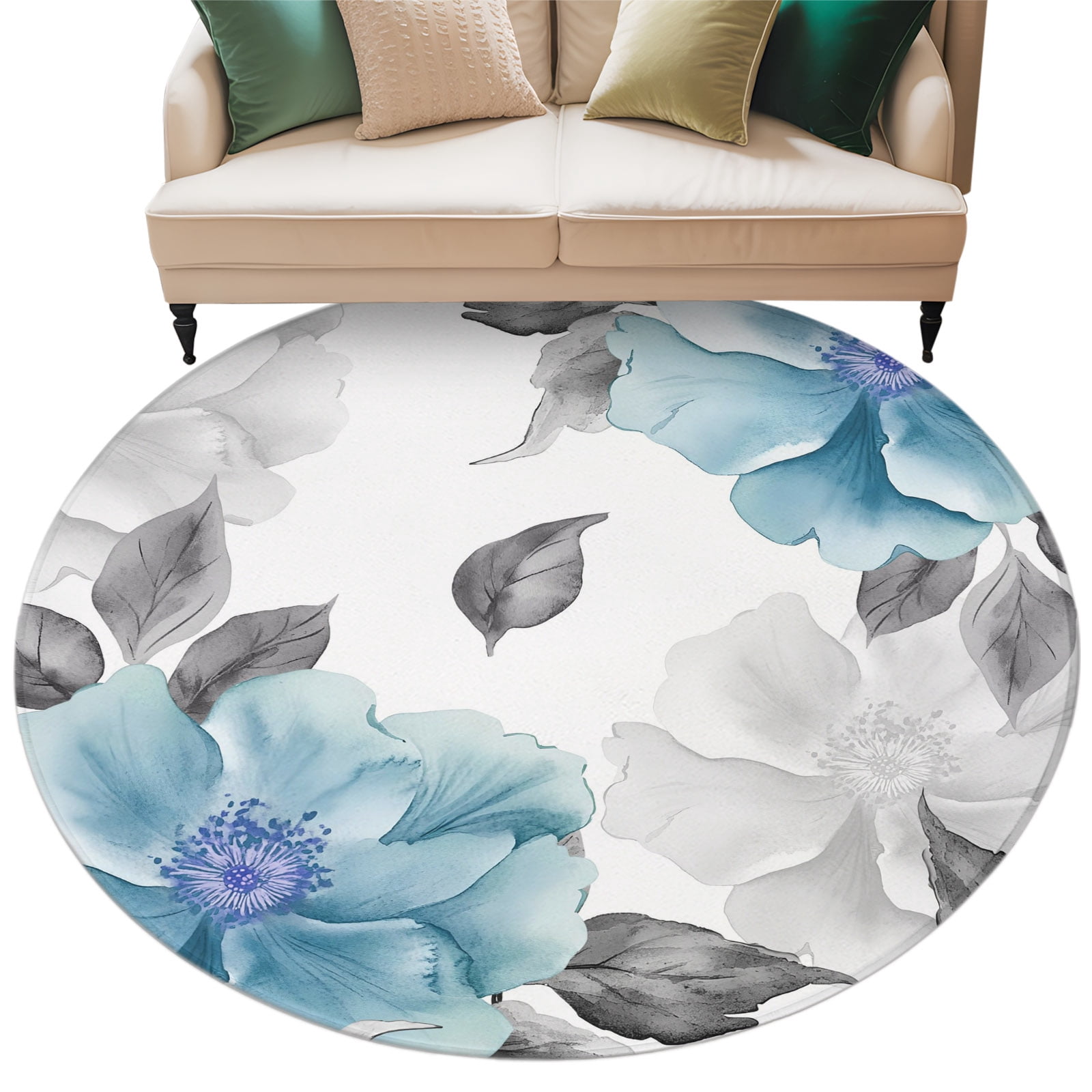 Blue Grey Floral Round Rug 8ft Washable Circle Rugs Non Slip Botanical ...